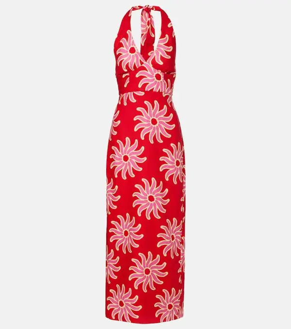 CALA DE LA CRUZ Dasha Printed Halterneck Linen Maxi Dress - Red