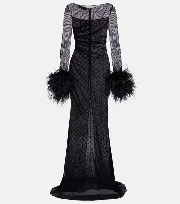 Gucci Gg Feather-trimmed Sheer Gown - Black