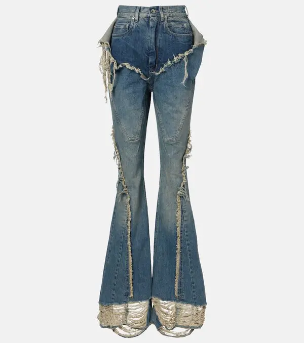 Rick Owens Silvered Distressed Bootcut Jeans - Blue