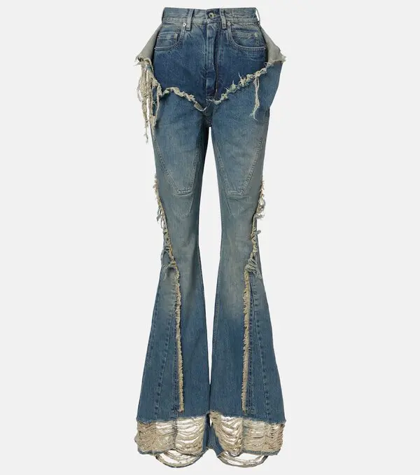 Rick Owens Silvered Distressed Flared Jeans - Blue