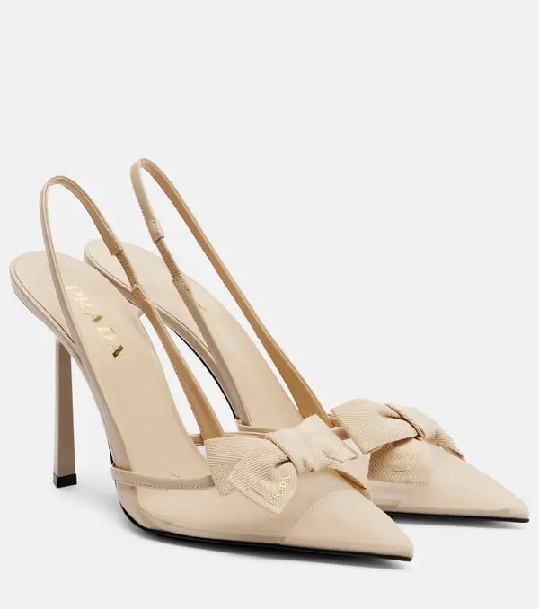 Prada Bow-detail Mesh Slingback Pumps - Beige
