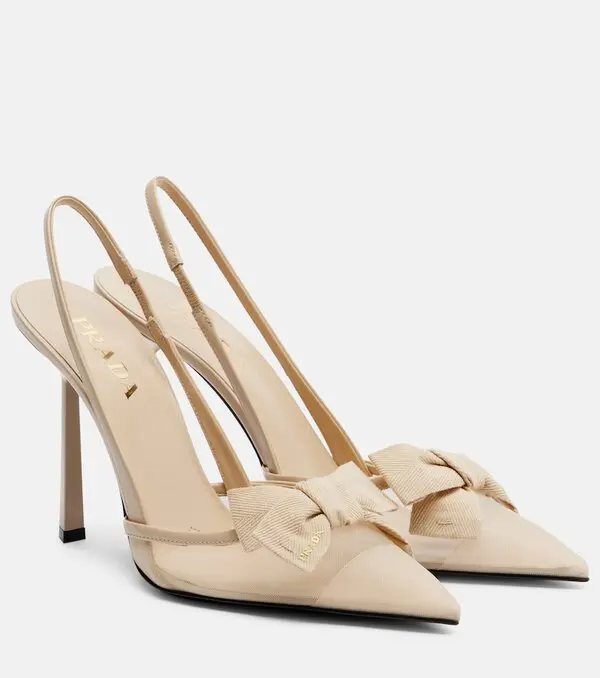 Prada Bow-detail Mesh Slingback Pumps - Beige