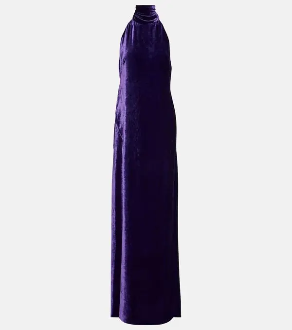 Ralph Lauren Tatum Halterneck Velvet Gown - Purple