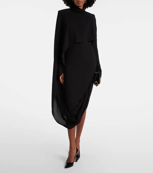 MUGLER Asymmetric Caped Crêpe Midi Dress - Black