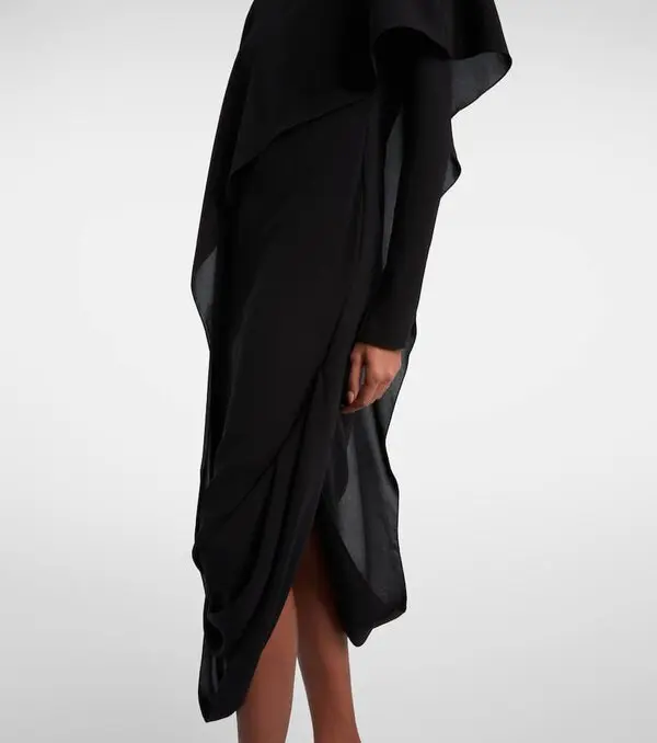 MUGLER Asymmetric Caped Crêpe Midi Dress - Black