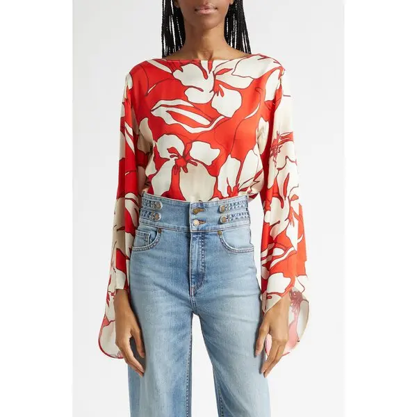 Ramy Brook Amanda Floral Flare Cuff Top - Crimson Floral