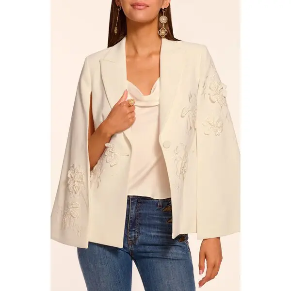 Ramy Brook Rosalinda Embroidered Floral Appliqué Cape Sleeve Jacket - Ivory