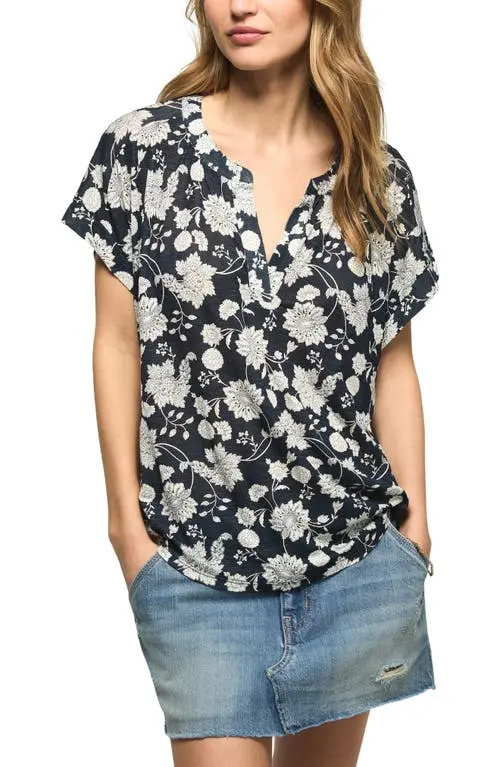Lucky Brand Sandwash Notch Neck Floral Top - Navy Floral