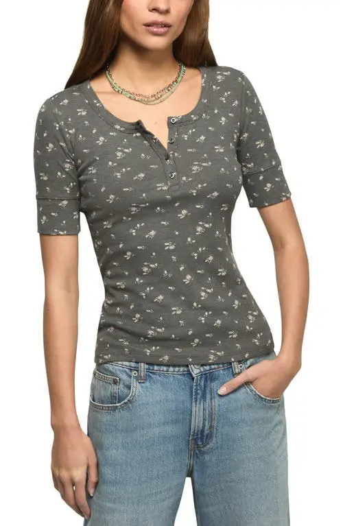 Lucky Brand Rib Henley Top - Black Floral