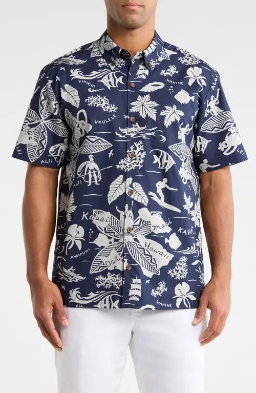 KAHALA E Kipa Mai Print Cotton Short Sleeve Button-down Shirt - Navy