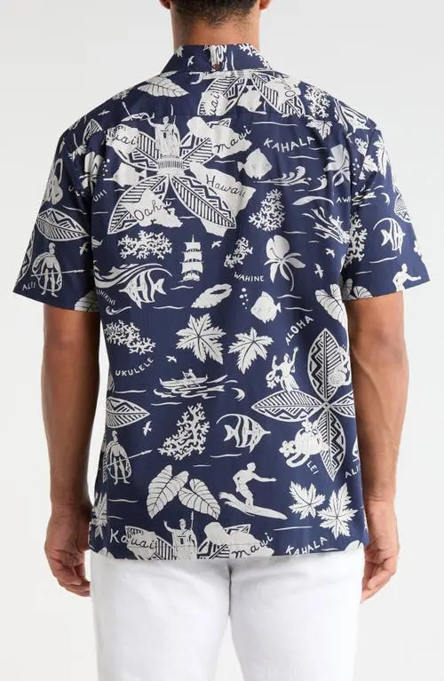 KAHALA E Kipa Mai Print Cotton Short Sleeve Button-down Shirt - Navy