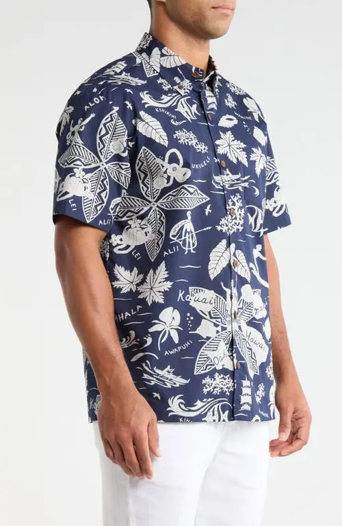KAHALA E Kipa Mai Print Cotton Short Sleeve Button-down Shirt - Navy