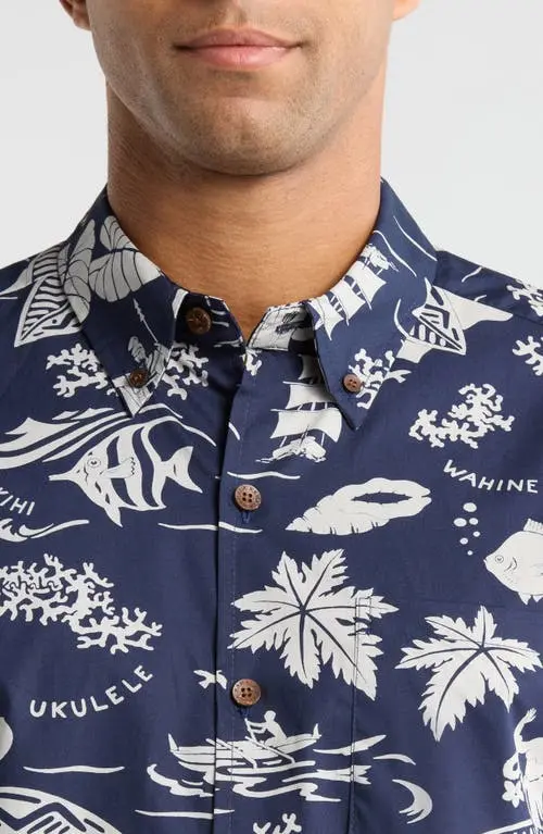 KAHALA E Kipa Mai Print Cotton Short Sleeve Button-down Shirt - Navy