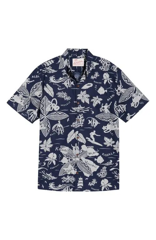 KAHALA E Kipa Mai Print Cotton Short Sleeve Button-down Shirt - Navy