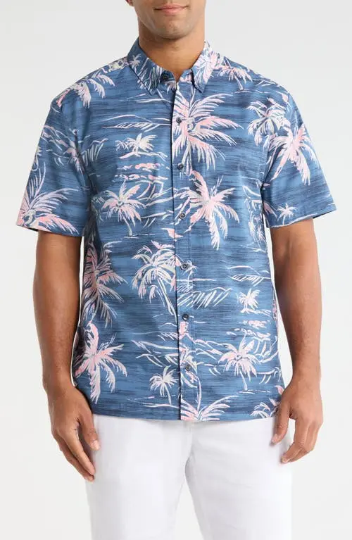 KAHALA He'e Nalu Print Short Sleeve Cotton Button-down Shirt - Denim Blue