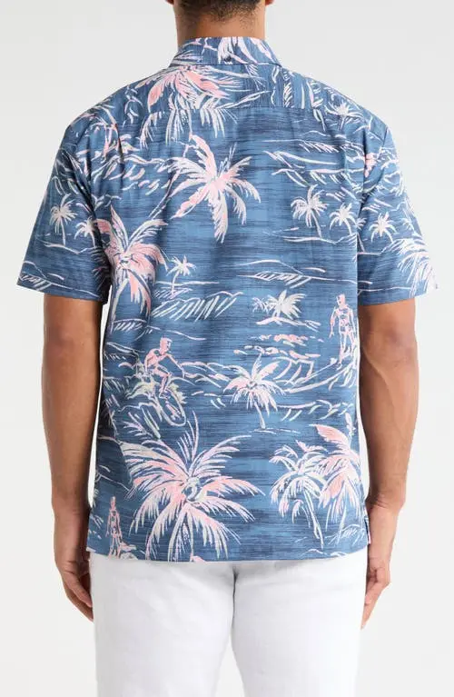 KAHALA He'e Nalu Print Short Sleeve Cotton Button-down Shirt - Denim Blue