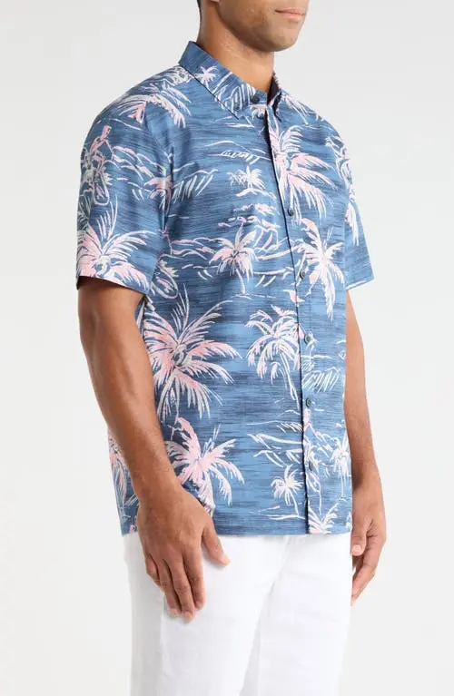 KAHALA He'e Nalu Print Short Sleeve Cotton Button-down Shirt - Denim Blue