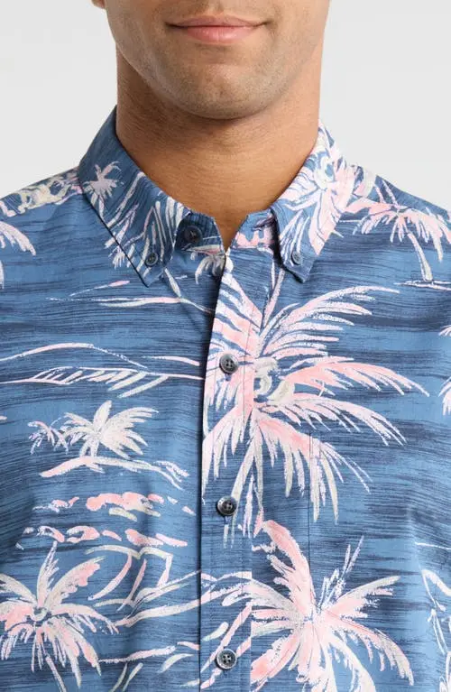 KAHALA He'e Nalu Print Short Sleeve Cotton Button-down Shirt - Denim Blue
