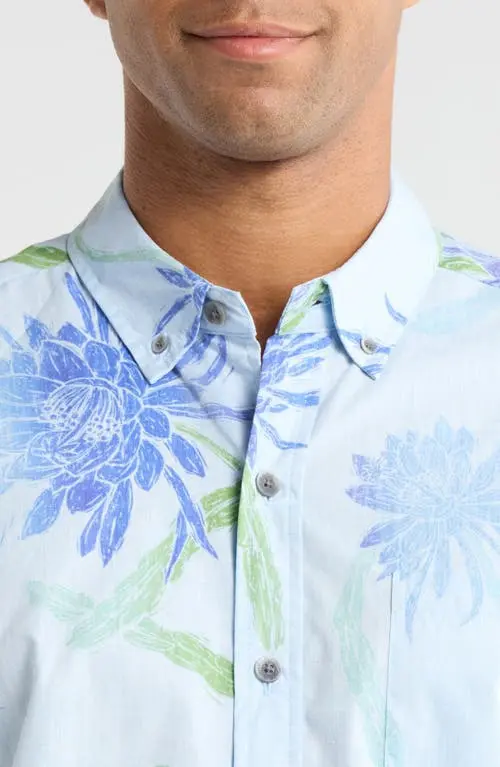 KAHALA Night Shades Print Cotton Short Sleeve Button-down Shirt - Silver Blue