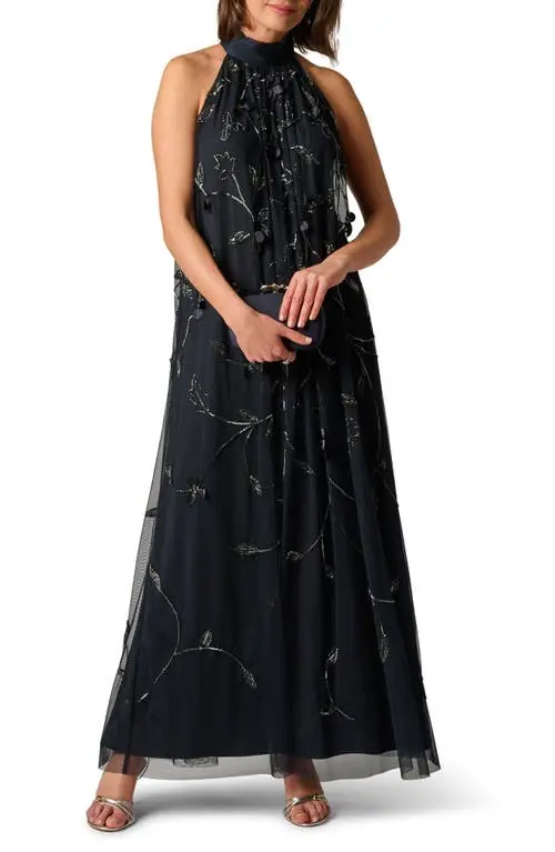 Adrianna Papell Beaded Floral Trapeze Gown - Midnight