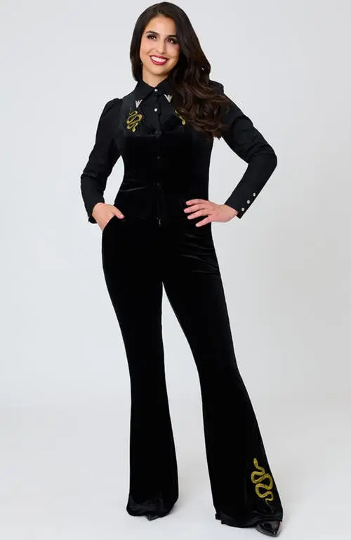 Unique Vintage 1970s Flare Pants - Black W/snake Print