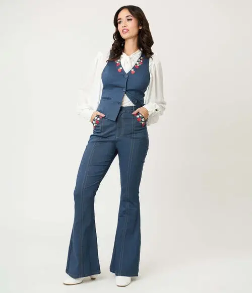 Unique Vintage 1970s Flare Pants - Dark Denim Blue