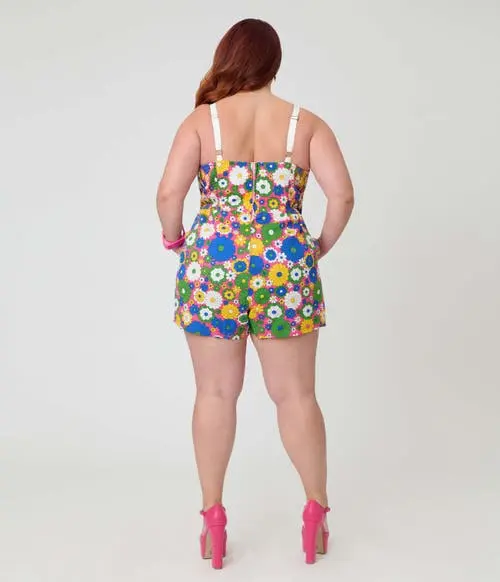 Unique Vintage Skirted Dolly Romper - Blue Floral Print