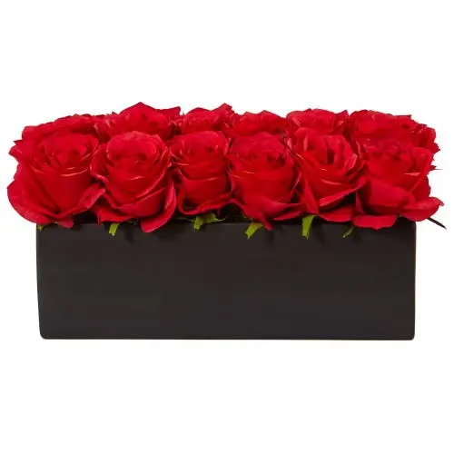 NEARLY NATURAL Dozen Artificial Roses In Ceramic Rectangular Planter - Red