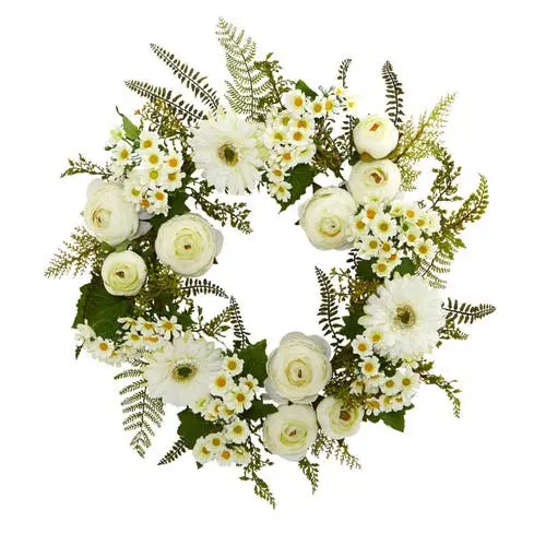 NEARLY NATURAL 24-in Mixed Daisies And Ranunculus Wreath - White