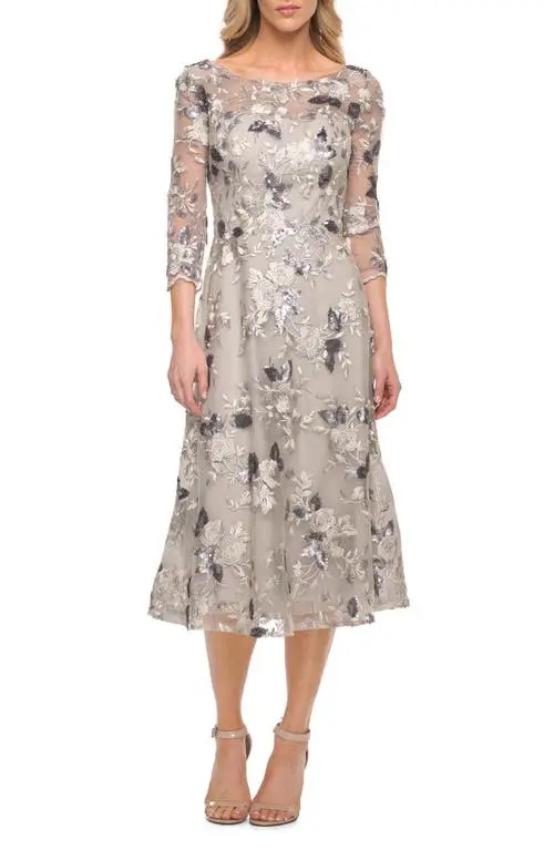 La Femme Embroidered Lace Fit & Flare Dress