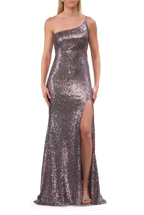 LABOMME Long Sequin Off The Shoulder Prom Dress With Slit - Lavender/gray