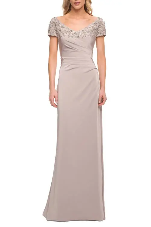 LABOMME Short Sleeve Evening Dress With Beaded Neckline - Silver
