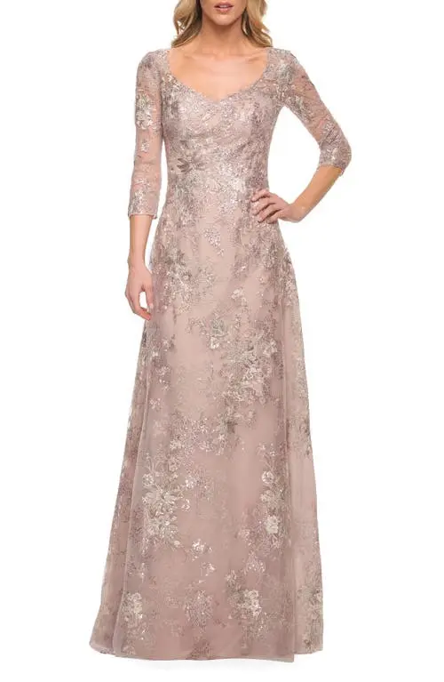 La Femme Floral Embroidered Mesh A-line Gown