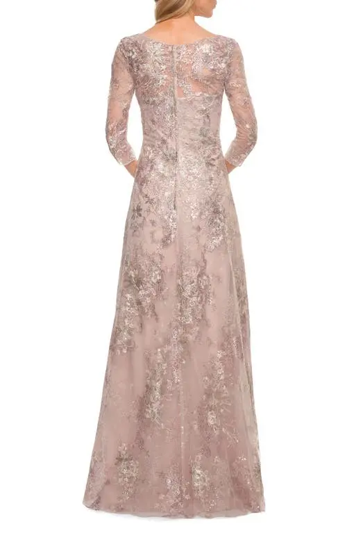 La Femme Floral Embroidered Mesh A-line Gown
