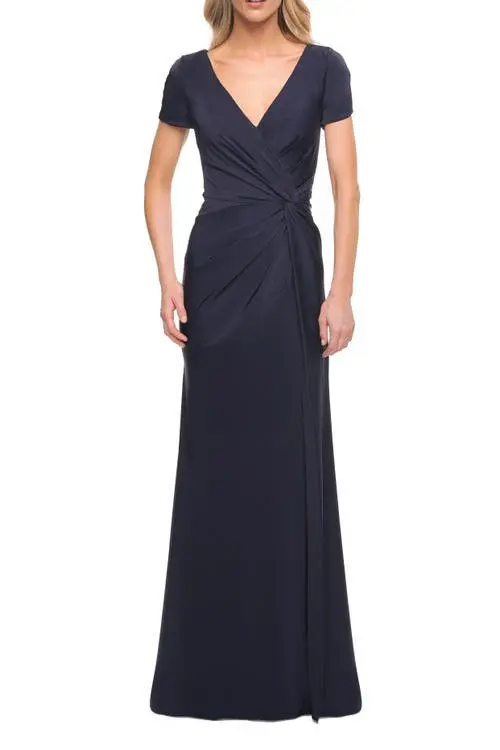LABOMME Elegant Evening Gown With V Neck And Knot - Navy