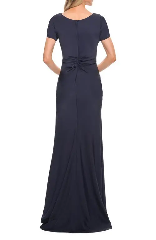 La Femme V-neck Gathered Waist Evening Gown