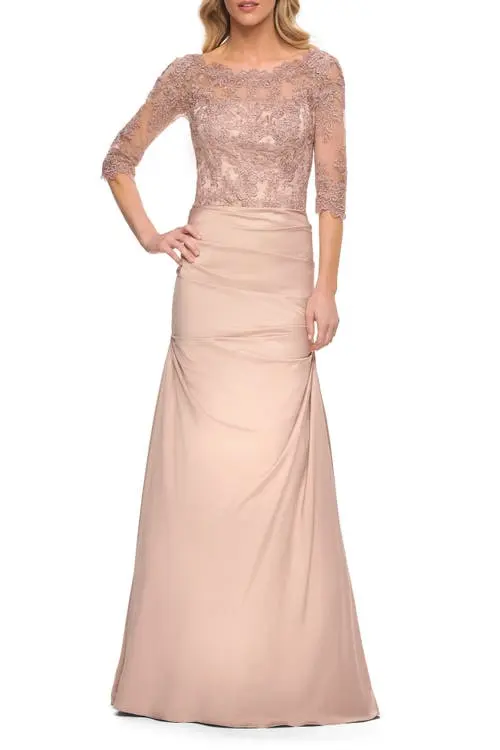 LABOMME Satin And Lace Off The Shoulder Mermaid Gown - Champagne