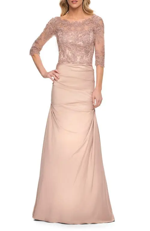 La Femme Satin And Lace Off The Shoulder Mermaid Gown - Pink Champagne