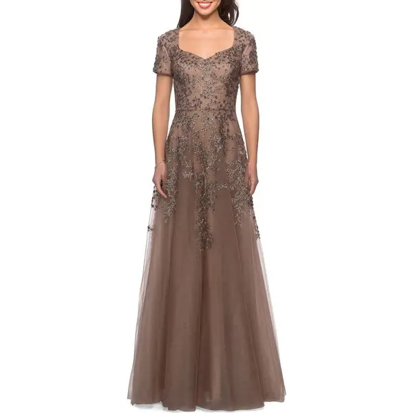 La Femme Embellished Tulle A-line Gown - Cocoa
