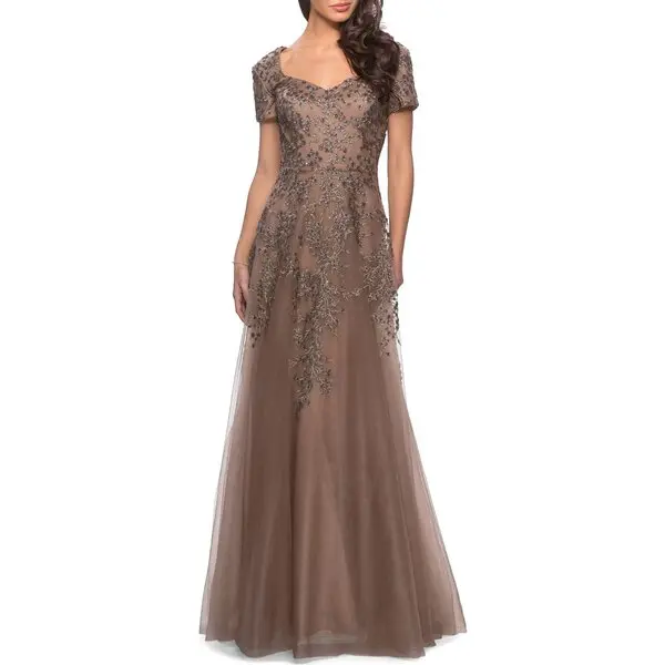 La Femme Embellished Tulle A-line Gown - Cocoa