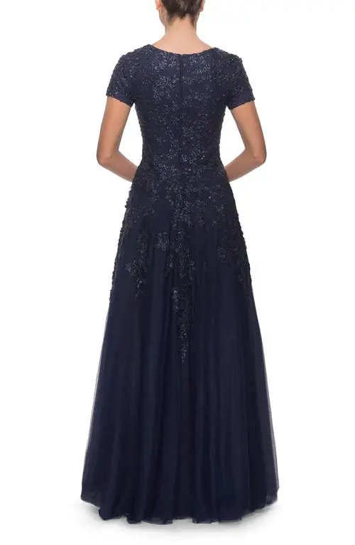 La Femme Embellished Tulle A-line Gown - Navy
