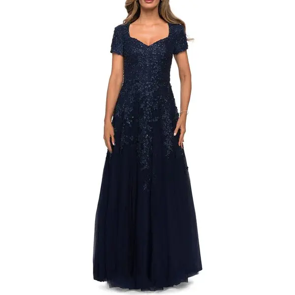 La Femme Embellished Tulle A-line Gown - Navy