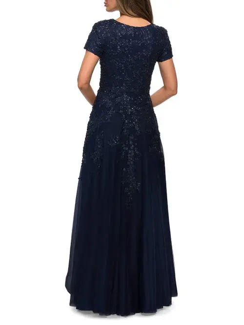 La Femme Embellished Tulle A-line Gown - Navy