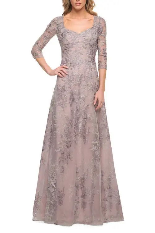 LABOMME Lace Mother Of The Bride Dress With Full Skirt - Silver/pink