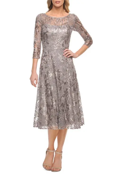 LABOMME Lace Metallic Tea Length Dress With Three-quarter Sleeves - Silver