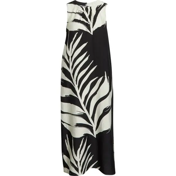 MELLODAY Palm Print Sleeveless Shift Midi Dress - Black Bone Leaf