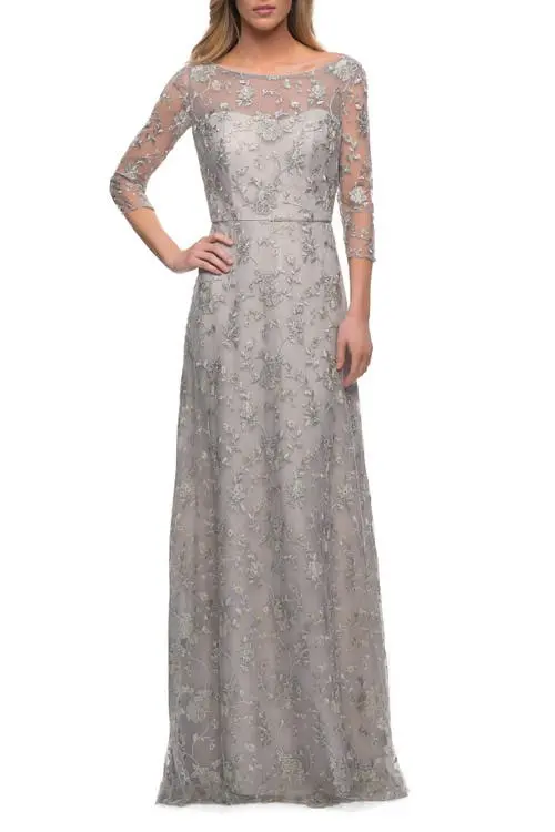 LABOMME Lace Dress With Three-quarter Sleeves And Illusion Neckline - Pearl Silver