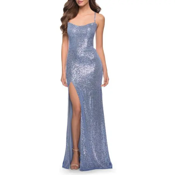 La Femme Sequin Gown With Square Neckline And Open Back - Cloud Blue