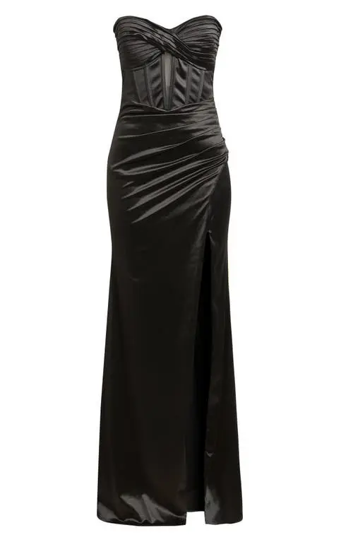 EMERALD SUNDAE Ruched Corset Strapless Gown - Black