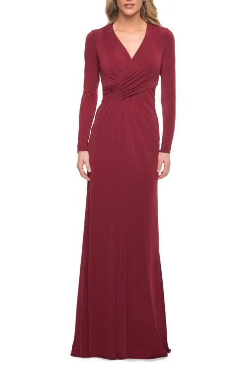 La Femme Long Sleeve Ruched Jersey Sheath Gown